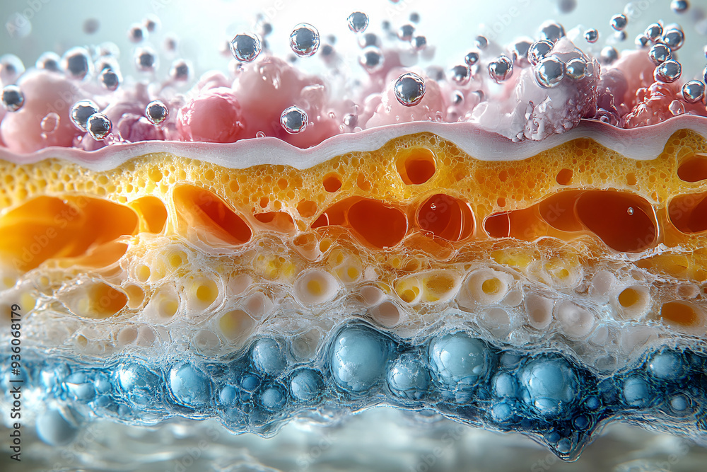 Cross-section of human skin revealing layers of collagen and vitamin ...