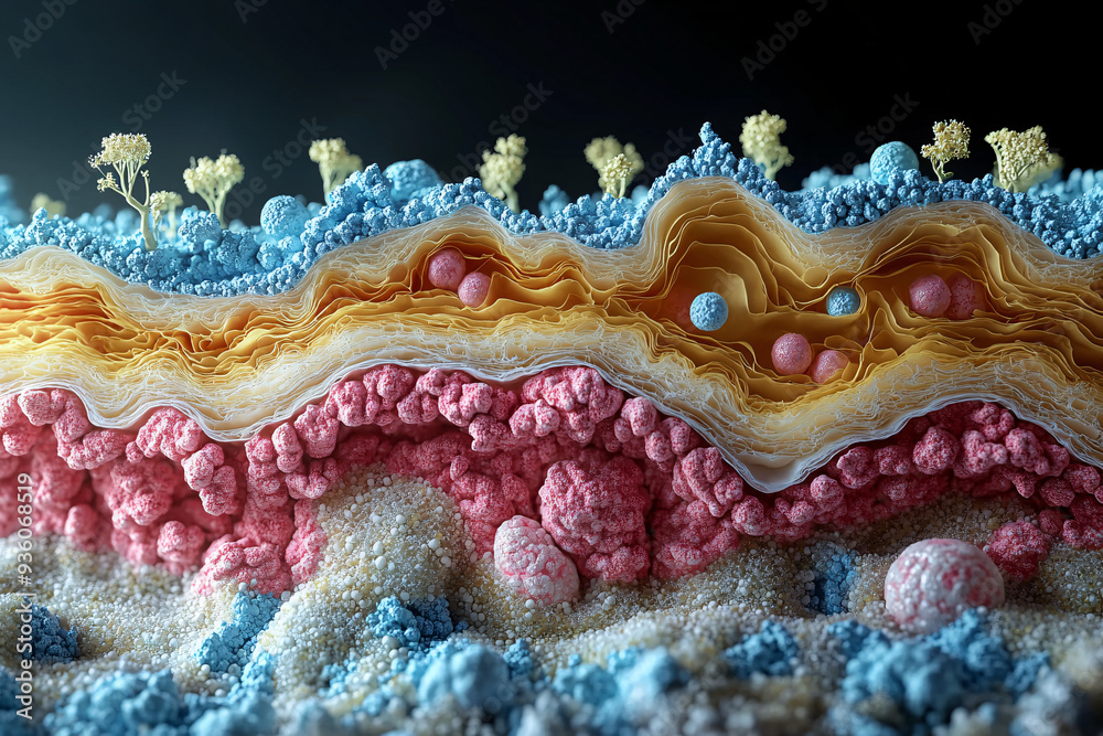 Cross-section of human skin revealing layers of collagen and vitamin ...