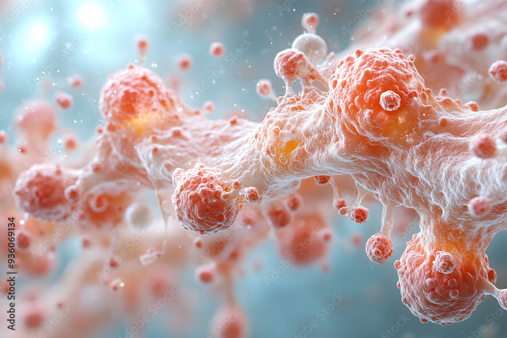 A close-up view of skin cells with collagen fibers and vitamins ...