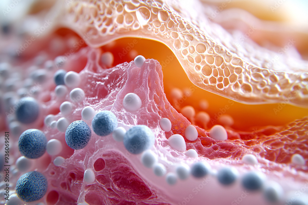 Skin layer model featuring collagen fibers and vitamins, with a focus ...