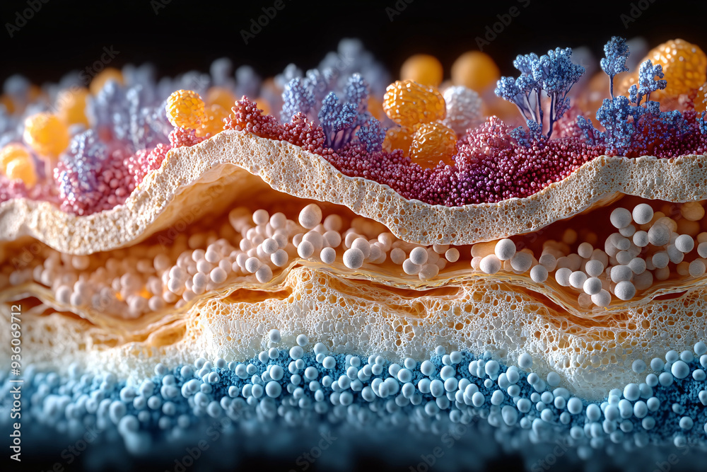 Skin layer model featuring collagen fibers and vitamins, with a focus ...