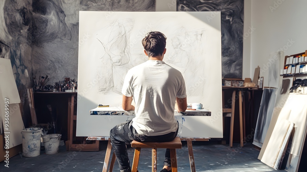 Artist Sketching in a Studio: An artist sitting on a stool in a studio ...