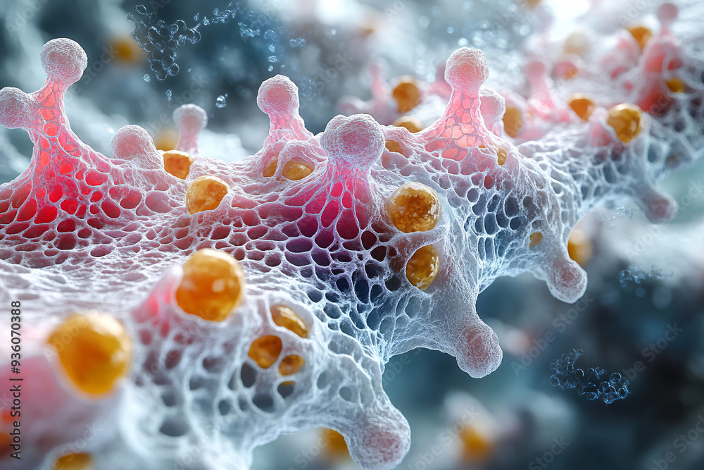 Illustration of skin cells with a focus on the collagen matrix and ...