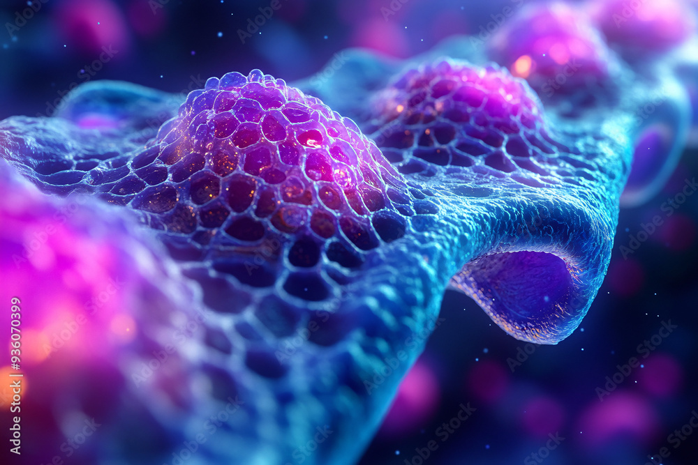 Illustration of skin cells with a focus on the collagen matrix and ...