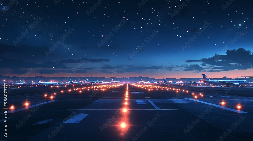 An airport runway at night with planes ready for takeoff, glowing ...