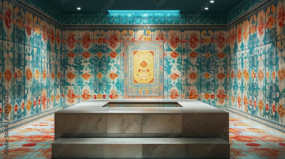 Vibrant Sicilian ceramic tile pattern in a luxurious interior room with ...