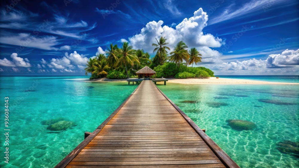 Tropical pier leading to a paradise island beach with an amazing ocean ...