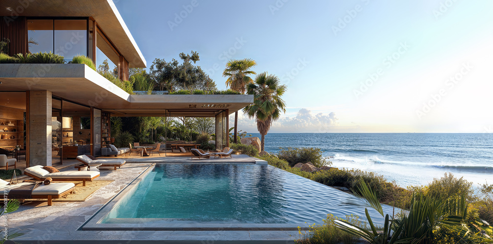 An architectural rendering of the exterior view across an infinity pool ...