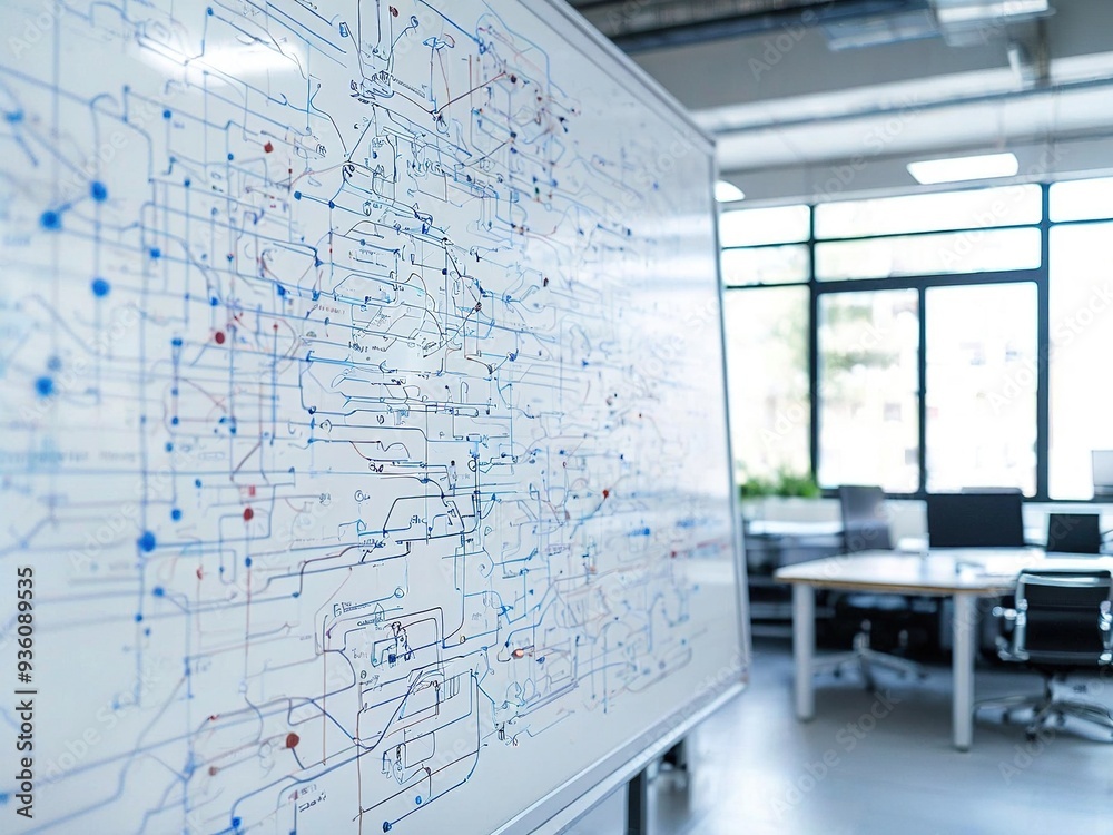 A whiteboard in an office with a complex diagram of lines and dots ...
