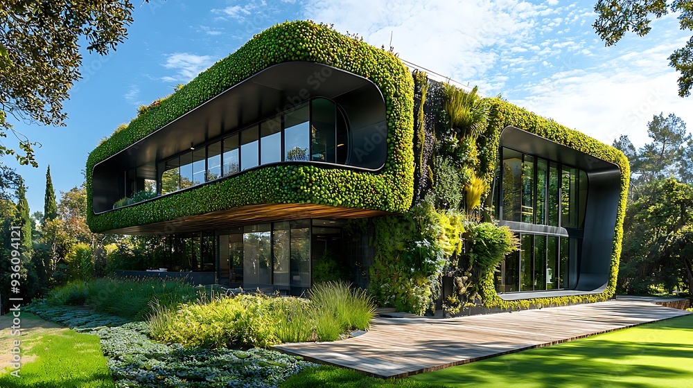 Modern green architecture, sustainable living with a lush vertical ...