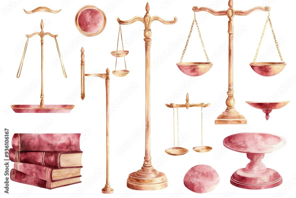 Elegant watercolor clipart set featuring a judge's bench, legal scales ...