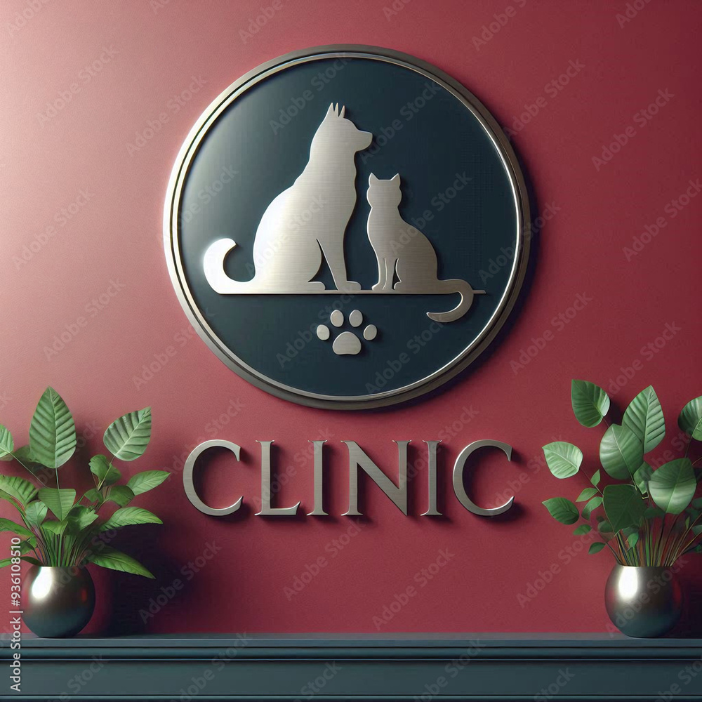 logo of a veterinary clinic, on a burgundy wall inside a circle a logo ...