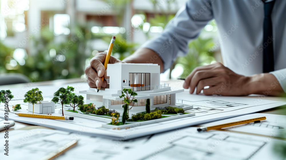 An architect works on a detailed scale model of a modern house ...