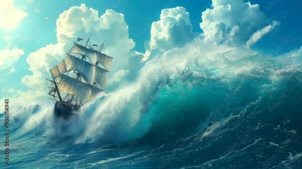 sailing ship or pirates ship on the sea with bad environment storm wave ...