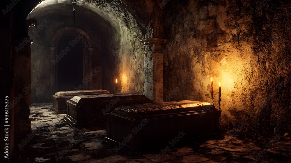 Eerie Crypt Interior with Ancient Coffins and Sarcophagus in Dark ...