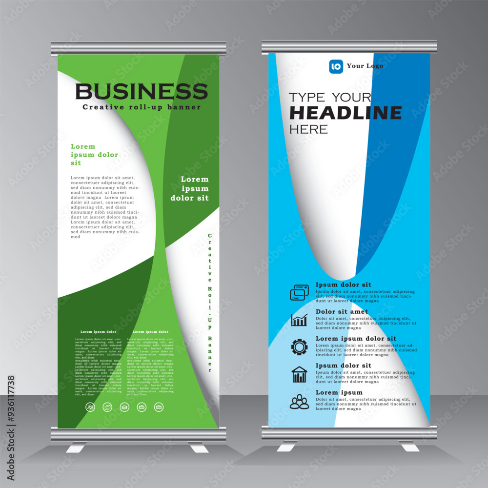 Business banner roll up design with green and blue colour, Vertical ...