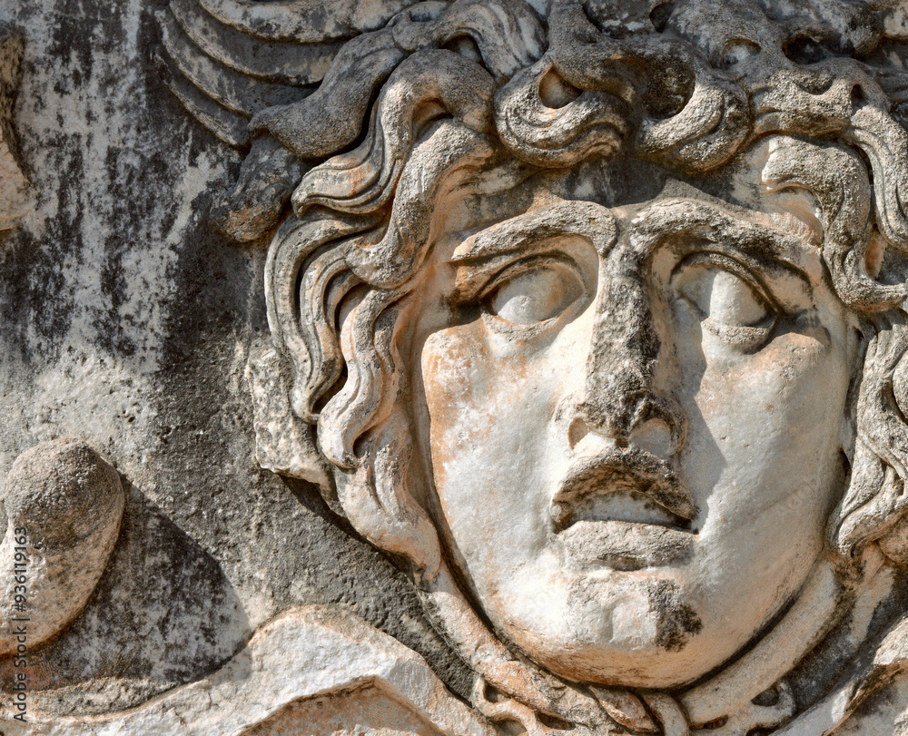 Ancient, face sculpture and architecture as site in Greece as tourist ...