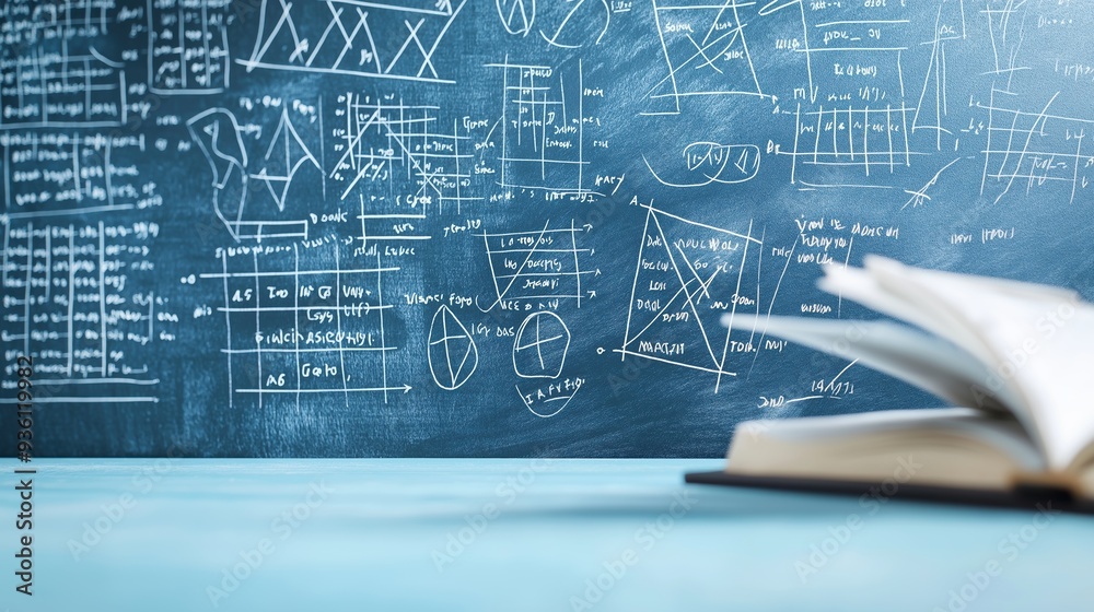 Chalkboard filled with complex diagrams and equations, representing the ...
