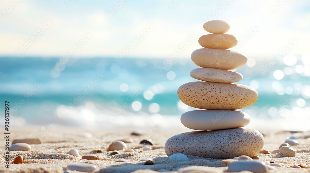Meditation stones stacked on a beach, balance and peace in health ...