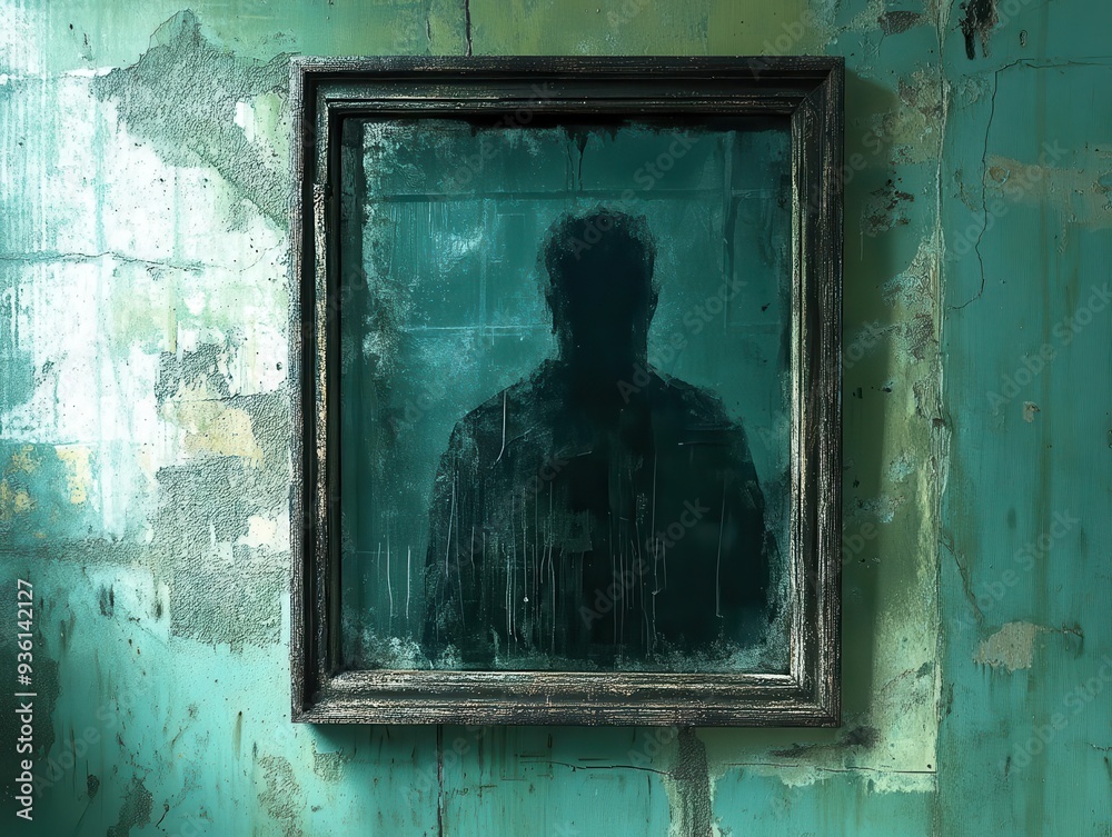 Spooky art of a ghostly figure, captured in an old, dusty frame, adding ...