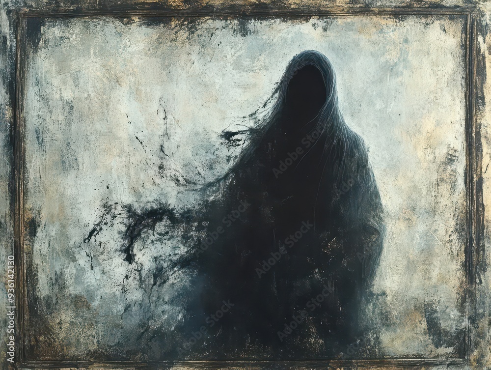 Spooky art of a ghostly figure, captured in an old, dusty frame, adding ...