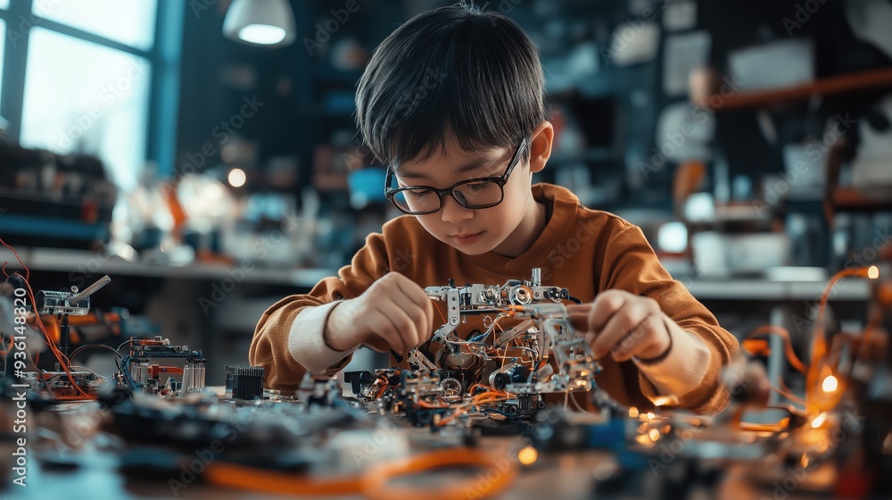 Young boy with glasses focused on building and working with electronics and circuits. The ...