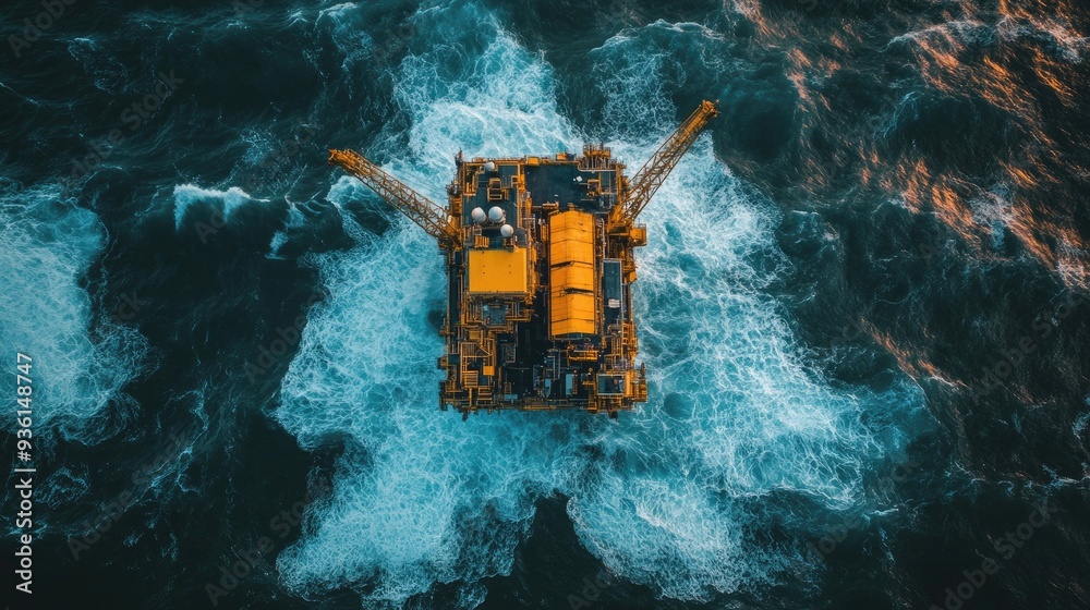 Aerial view of a brightly lit offshore oil rig surrounded by rough ...