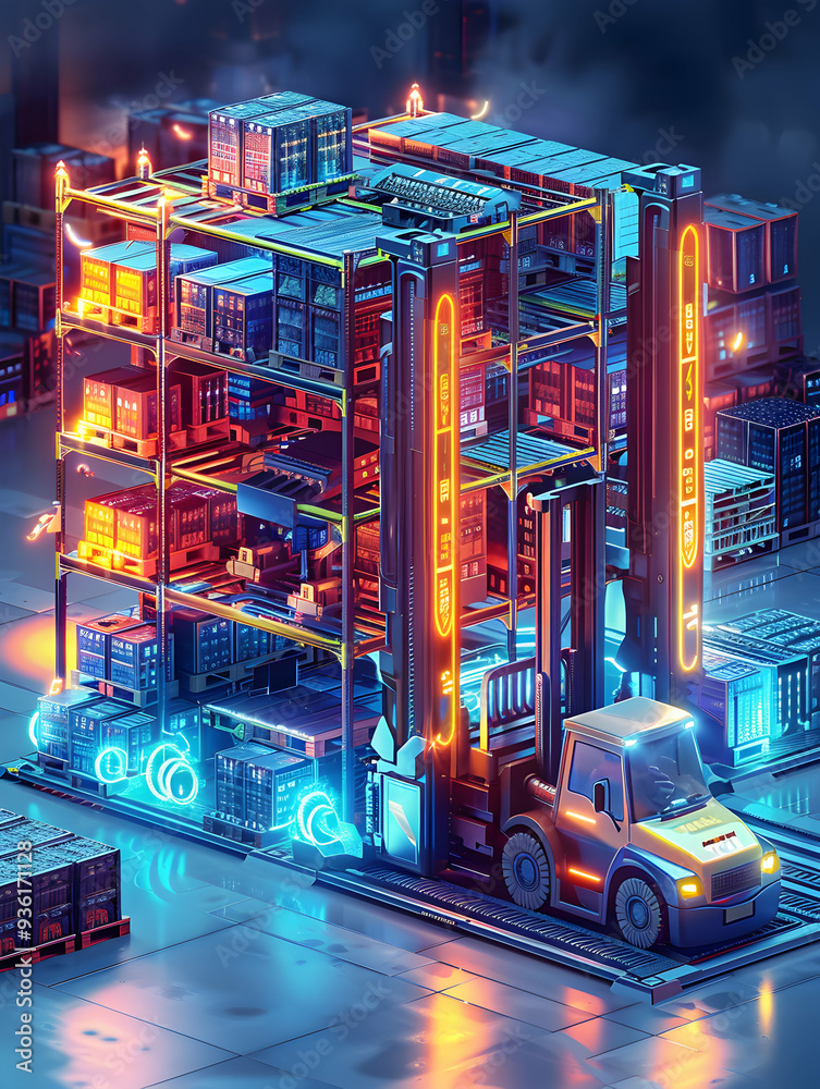 Futuristic 3D Flat Icon of Forklift Driver with Inventory Scanner and ...