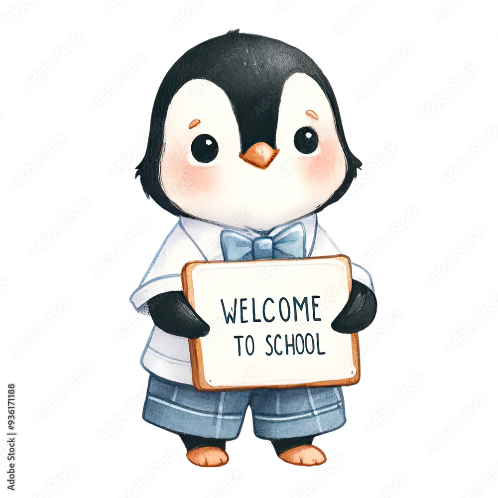 Cute cartoon penguin holding a welcome to school sign, dressed in a ...