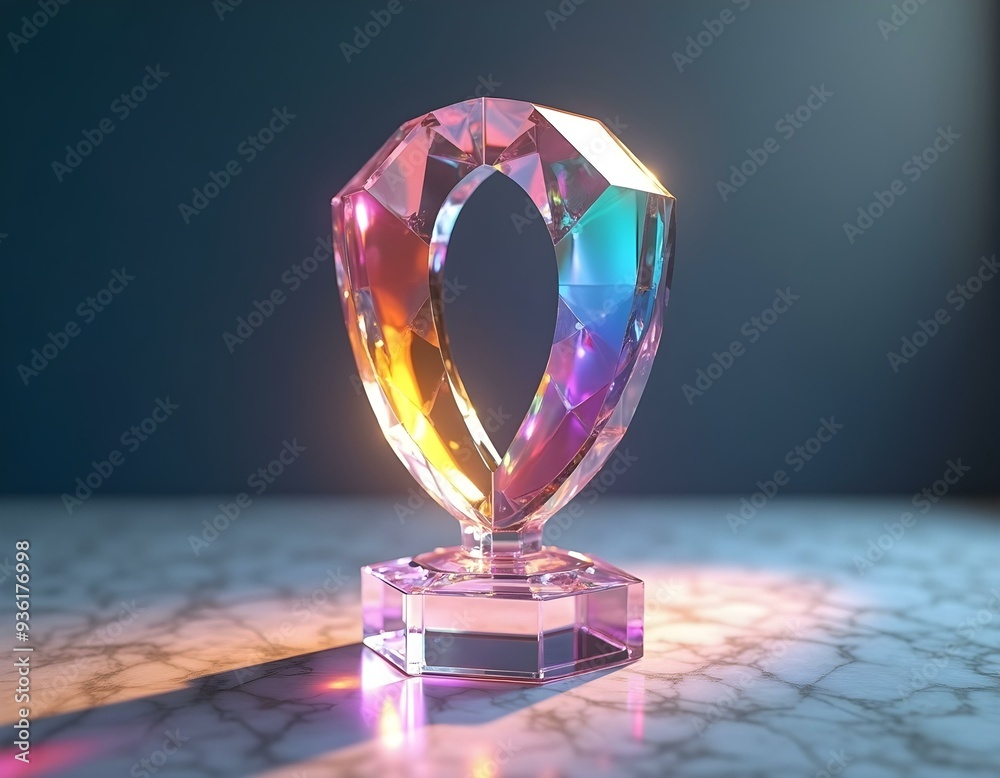 3D trophy symbol made of crystal, showcasing a colorful rainbow effect ...