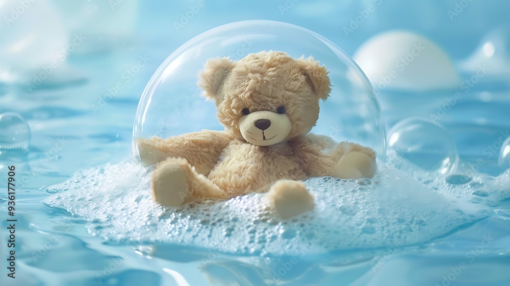 cute teddy bear lying and relaxing inside a floating water walking ball ...