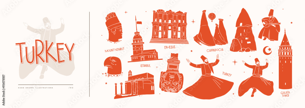 A hand-drawn illustration of iconic Turkish landmarks and cultural ...