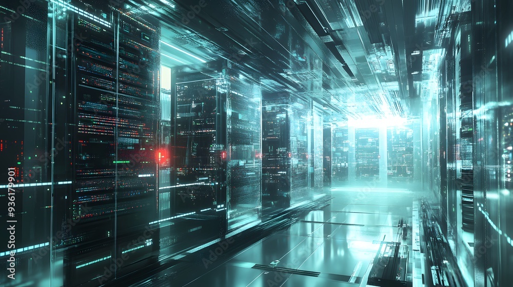 31. A futuristic server farm with transparent server racks and visible ...