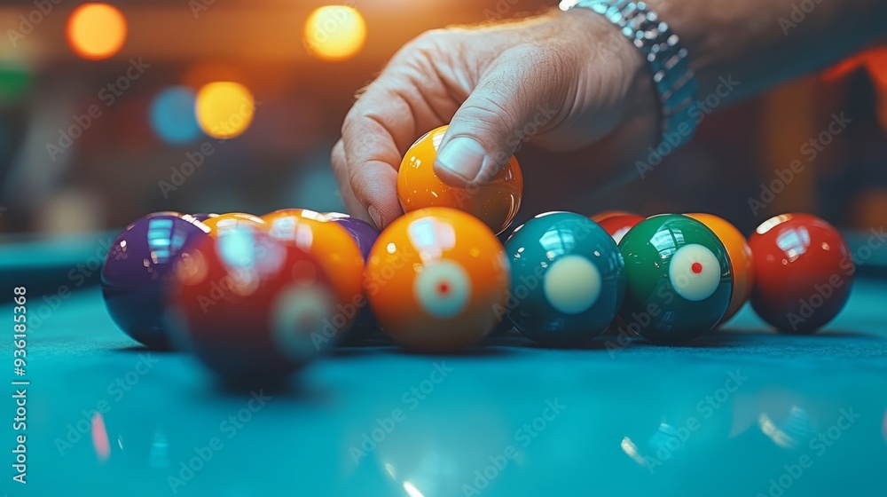 The moment of placing the multi-colored billiard balls on the table ...