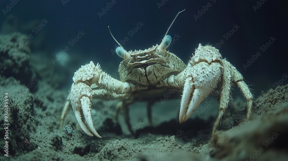 4K Realistic Yeti crab near hydrothermal vent, deep sea ecosystem ...