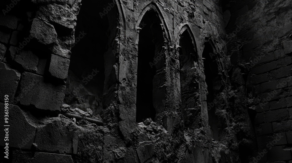 Decayed gothic wall in black, with crumbling stone and dark shadows ...