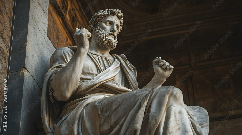 Greek sculpture of an old stoic man, roman god statue, epic pose stoic cluture, leader of ...