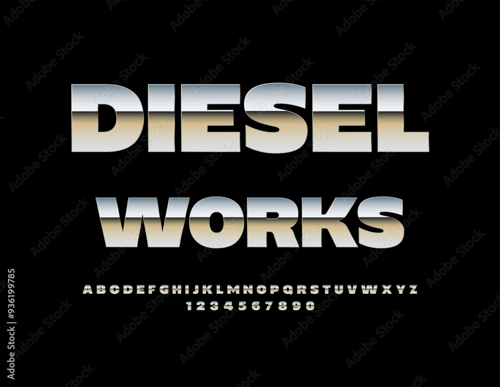 Vector industrial logo Diesel Works. Reflective Steel Font. Silver ...