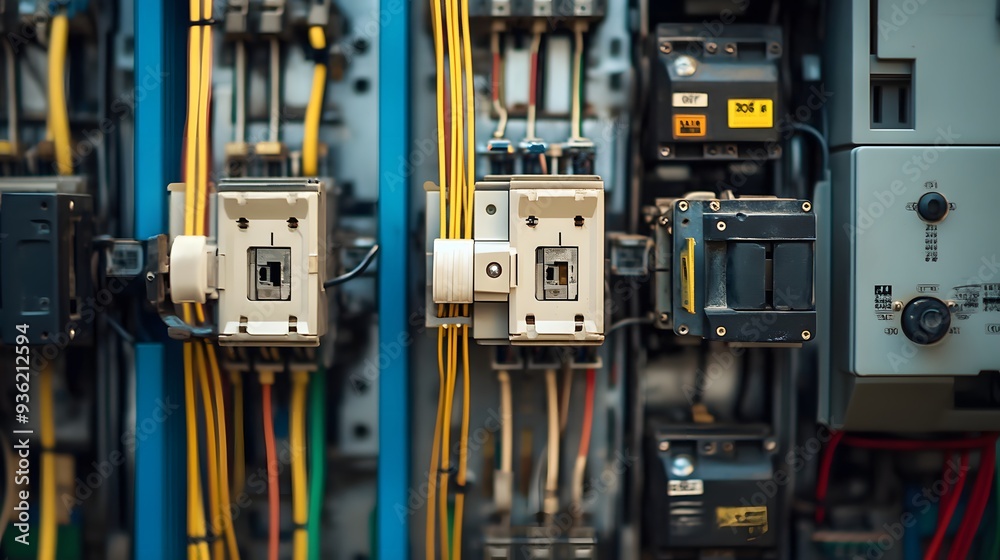 44. A close-up of an electrical grid is circuit breakers and control ...