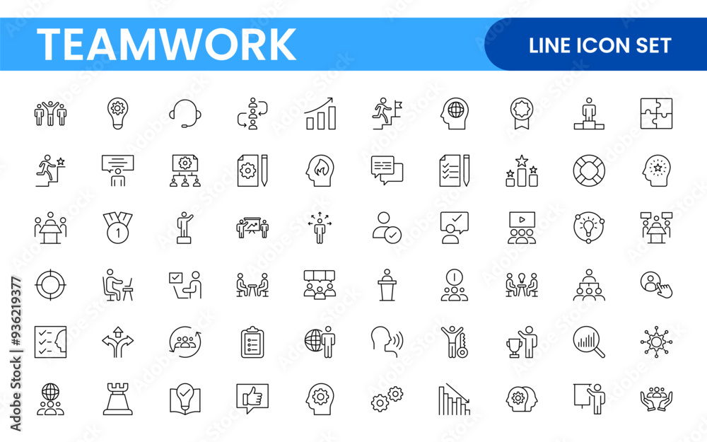 Teamwork linear icons collection. Set of coworking space icons ...