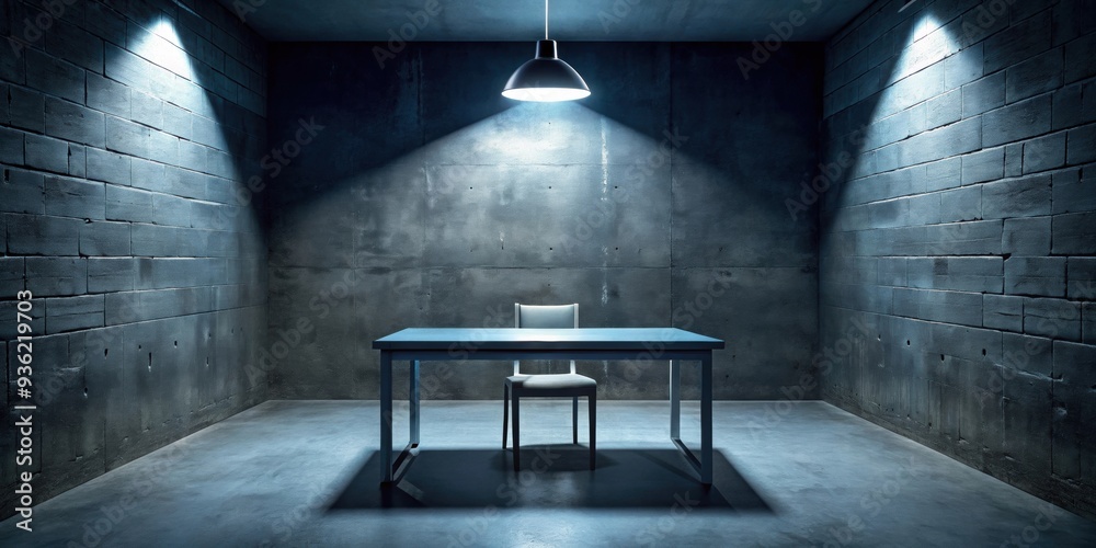 Gritty interrogation room with single bright light overhead, gritty ...
