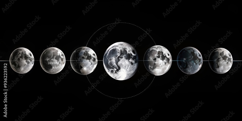 Moon phases chart with astrological symbols on solid black background ...