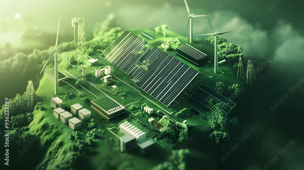 30. A conceptual image of a green energy grid with solar panels, wind ...