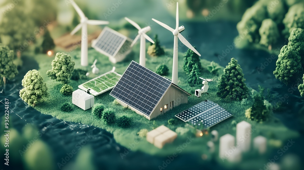 30. A conceptual image of a green energy grid with solar panels, wind ...