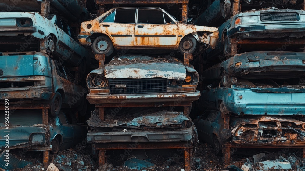 Rusty, broken cars stacked in a dump, illustrating the harsh reality of ...