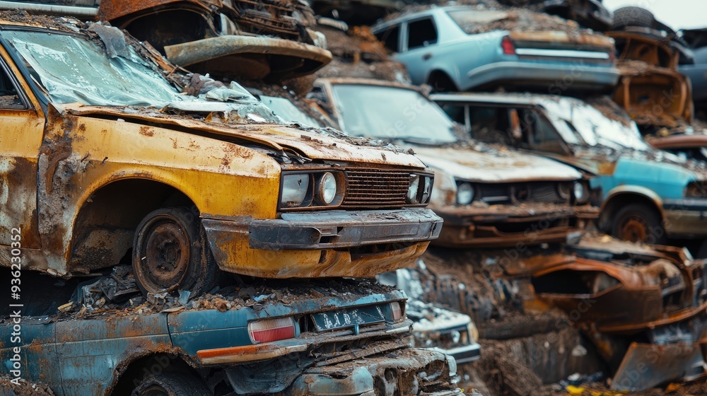 Rusty, broken cars stacked in a dump, illustrating the harsh reality of ...