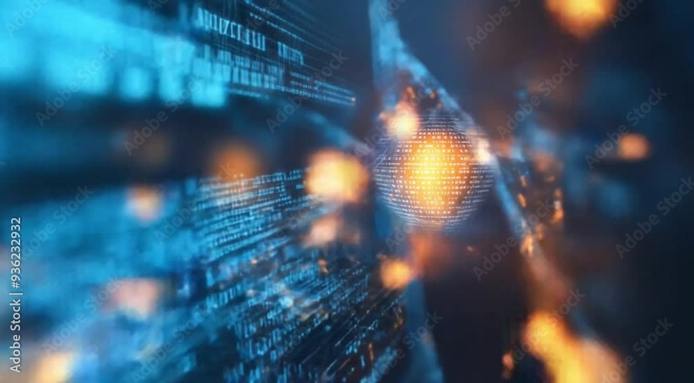 Rotating holographic atom with glowing nuclei and electrons ...