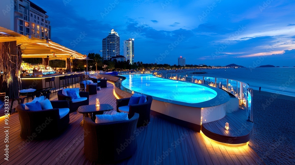 Resort rooftop bar with stunning views of the ocean and skyline. Stock ...