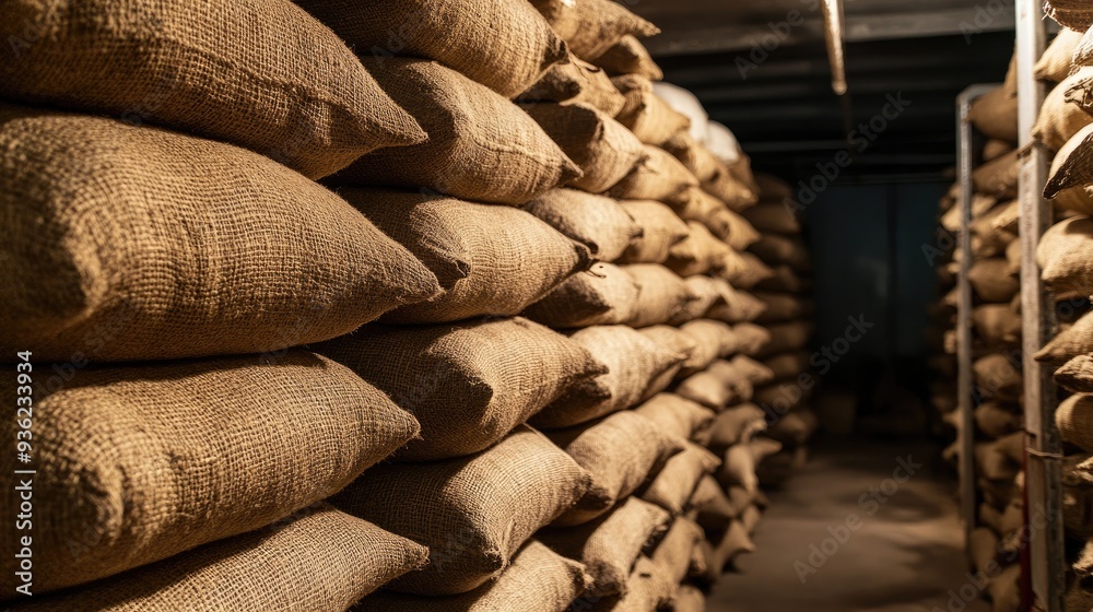 Stacked hemp sacks in an industrial storage facility, showing the ...