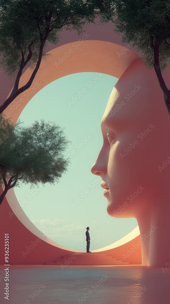 Surreal art showing a large human face sculpture and a small figure ...